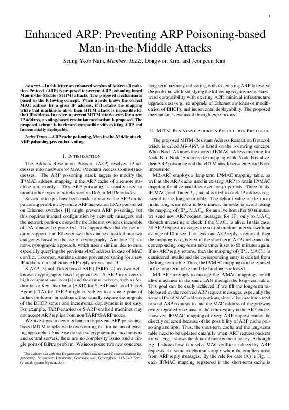 Pdf Enhanced Arp Preventing Arp Poisoning Based Man In The Middle