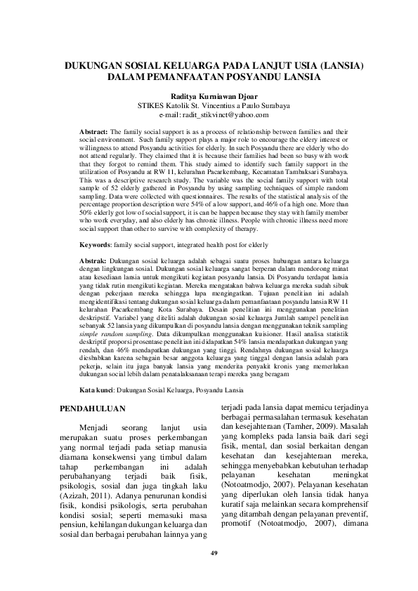 (PDF) DUKUNGAN SOSIAL KELUARGA PADA LANJUT USIA (LANSIA) DALAM PEMANFAATAN POSYANDU LANSIA