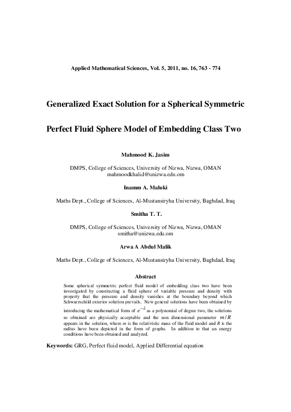 (PDF) Generalized Exact Solution for a Spherical Symmetric Perfect ...