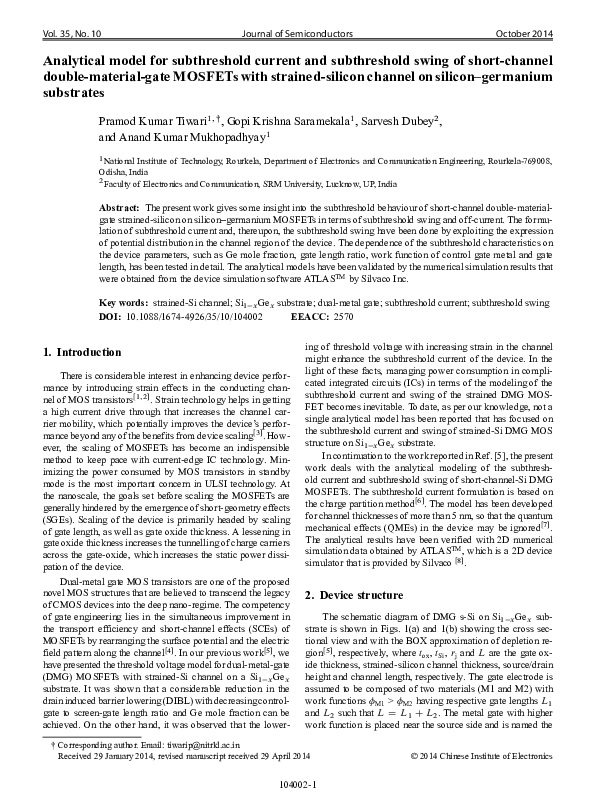 (PDF) Analytical model for subthreshold current and subthreshold swing of short-channel double ...