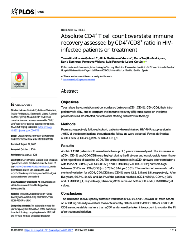 (PDF) Absolute CD4+ T cell count overstate immune recovery assessed by ...