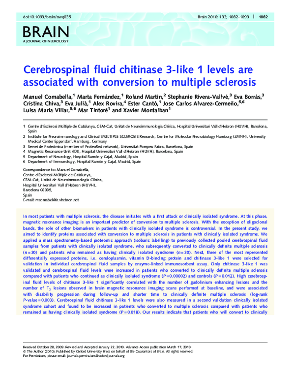 (PDF) Cerebrospinal fluid chitinase 3-like 1 levels are associated with conversion to multiple ...