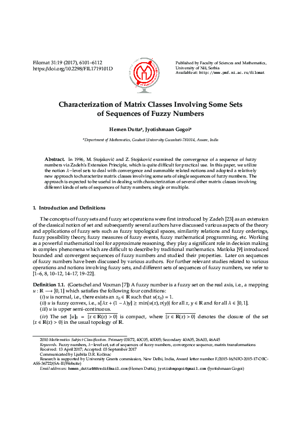 (PDF) Characterizing Matrix Classes of Fuzzy Number Sequences