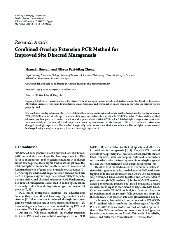 (PDF) Combined Overlap Extension PCR Method for Improved Site Directed ...