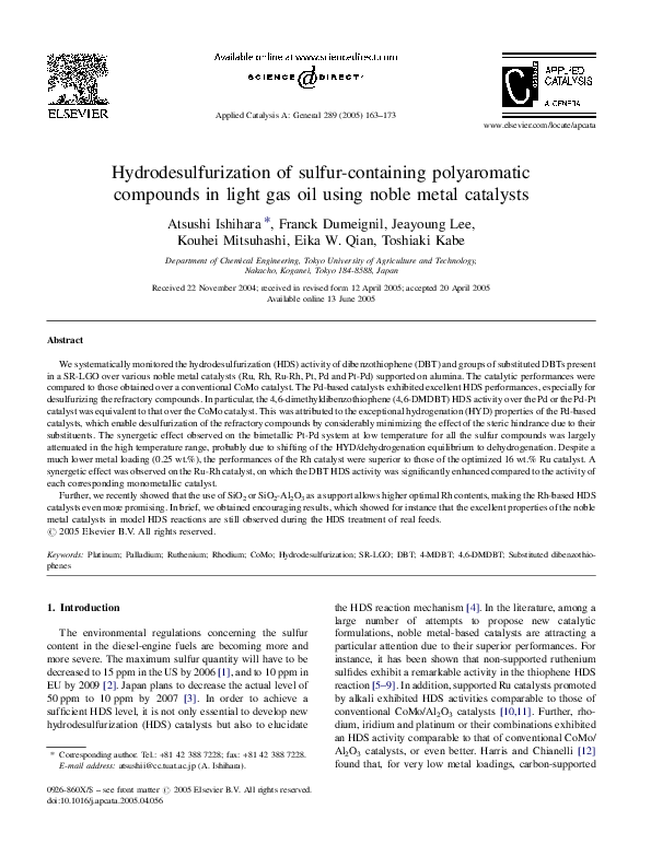(PDF) Hydrodesulfurization of sulfur-containing polyaromatic compounds in light gas oil using ...