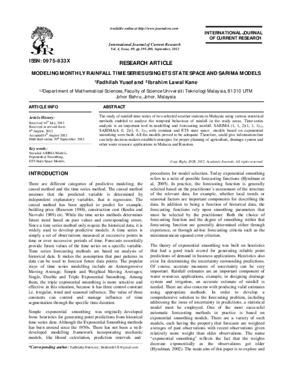 (PDF) Modeling monthly rainfall time series using ets state space and sarima models