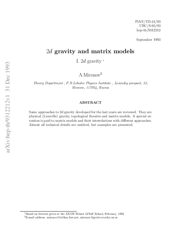 (PDF) Advances in 2D Gravity and Matrix Models