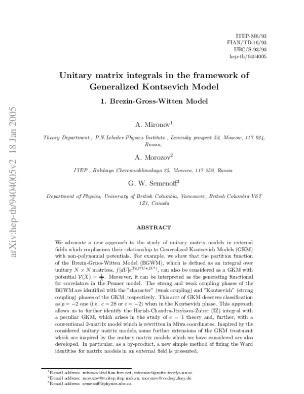 (PDF) Unitary Matrix Integrals in the Framework of the Generalized ...