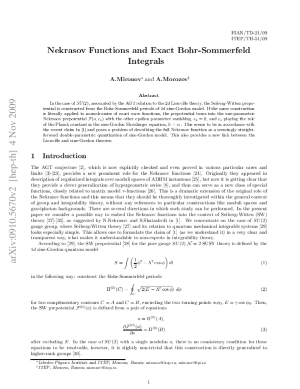 (PDF) Nekrasov functions and exact Bohr-Sommerfeld integrals