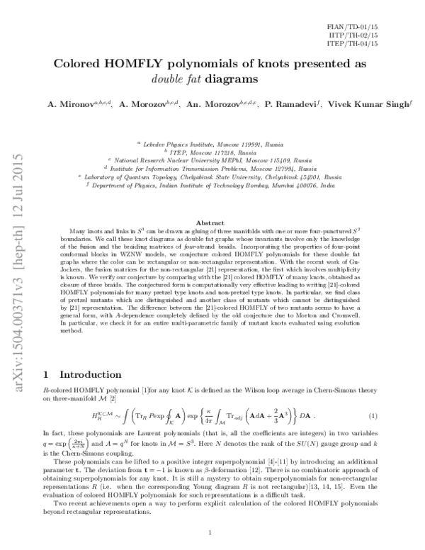 (PDF) Colored HOMFLY polynomials of knots presented as double fat diagrams