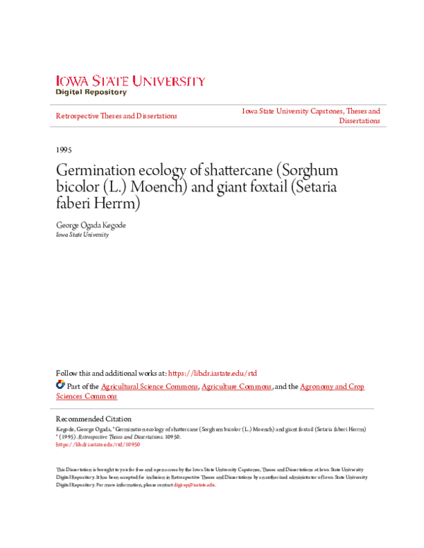 (PDF) Germination ecology of shattercane (Sorghum bicolor (L.) Moench ...