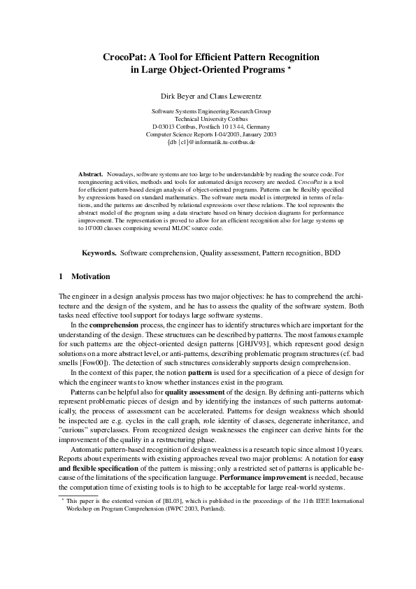 (PDF) CrocoPat: A Tool for Efficient Pattern Recognition in Large Object-Oriented Programs