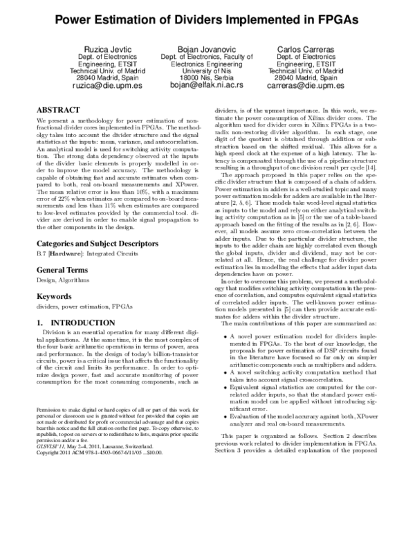 (PDF) Power estimation of dividers implemented in FPGAs