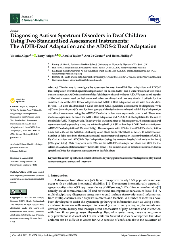 (PDF) Diagnosing Autism Spectrum Disorders in Deaf Children Using Two ...