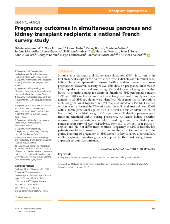 (PDF) Pregnancy outcomes in simultaneous pancreas and kidney transplant ...