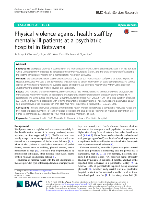 (PDF) Physical violence against health staff by mentally ill patients ...