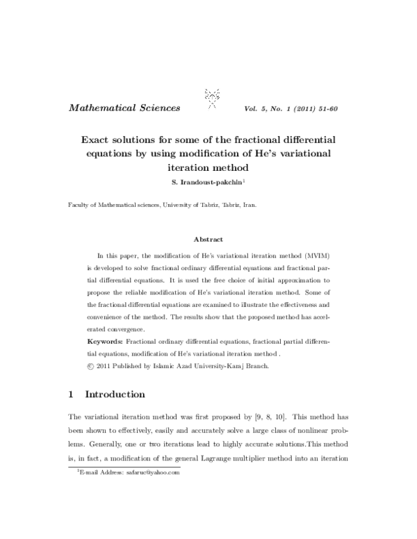 Pdf Exact Solutions For Some Of The Fractional Differential Equations