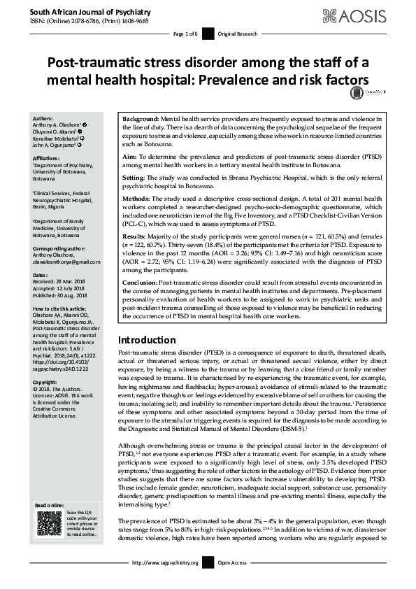 (PDF) Post-traumatic stress disorder among the staff of a mental health ...
