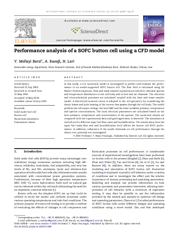 (PDF) Performance analysis of a SOFC button cell using a CFD model