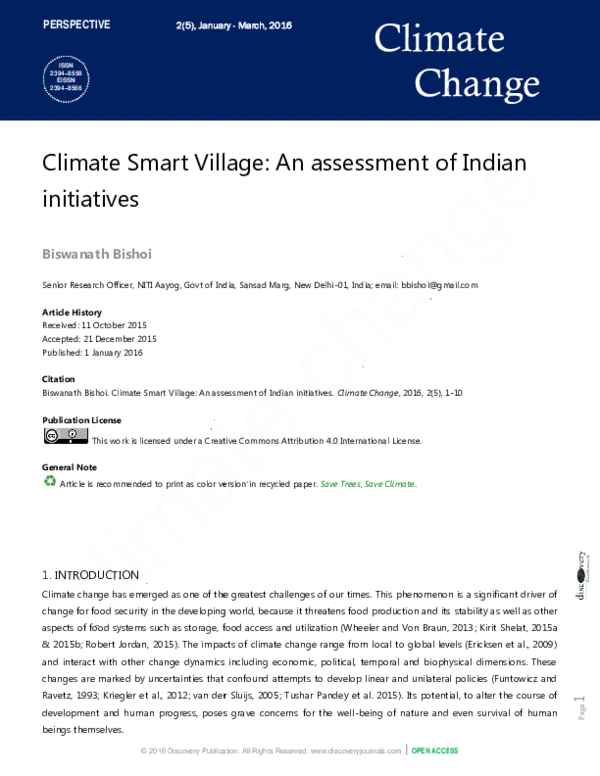 (PDF) Climate Smart Village: An assessment of Indian initiatives