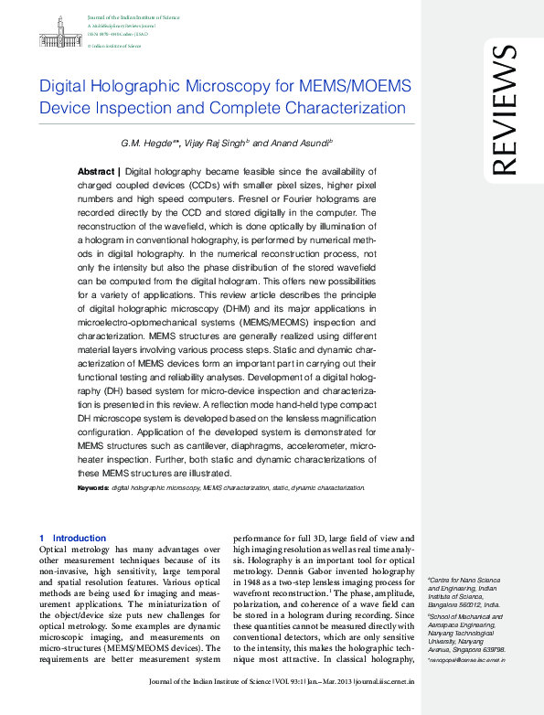 (PDF) Digital Holographic Microscopy for MEMS/MOEMS Device Inspection ...