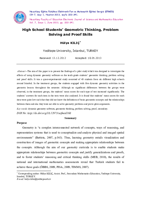 (PDF) High School Students’ Geometric Thinking, Problem Solving and ...