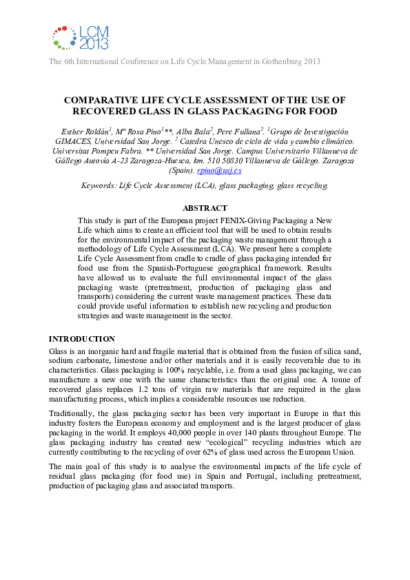 (PDF) Comparative life cycle assessment of the use of recovered glass ...