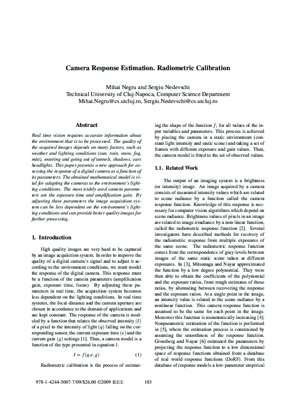 Pdf Camera Response Estimation Radiometric Calibration