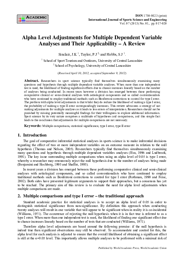 (PDF) Alpha level adjustments for multiple dependent variable analyses ...