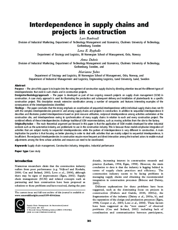 (PDF) Interdependence in supply chains and projects in construction