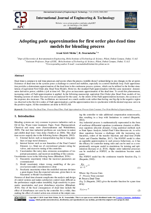 (PDF) Adopting pade approximation for first order plus dead time models for blending process