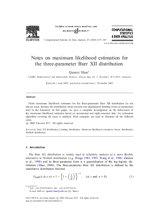 Pdf Notes On Maximum Likelihood Estimation For The Three Parameter Burr Xii Distribution