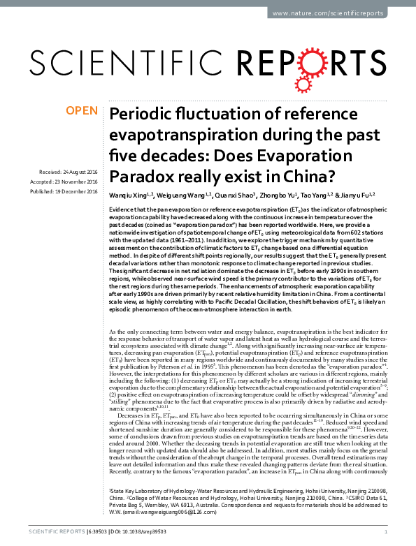 (PDF) Periodic fluctuation of reference evapotranspiration during the past five decades: Does ...