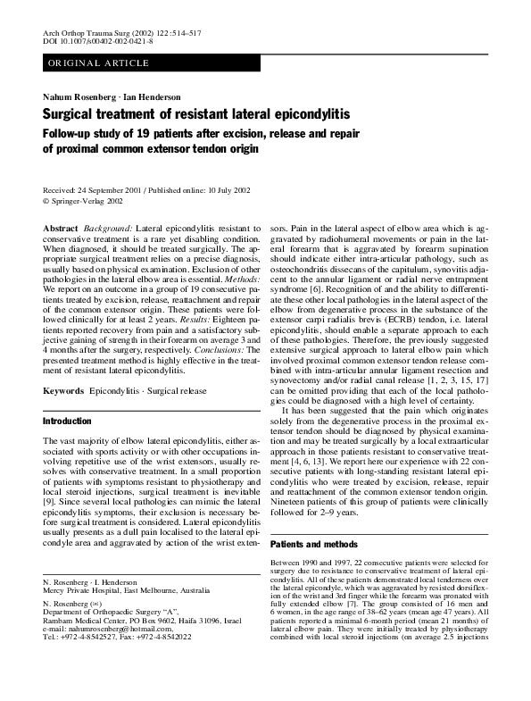 (PDF) Surgical treatment of resistant lateral epicondylitis. Follow-up ...