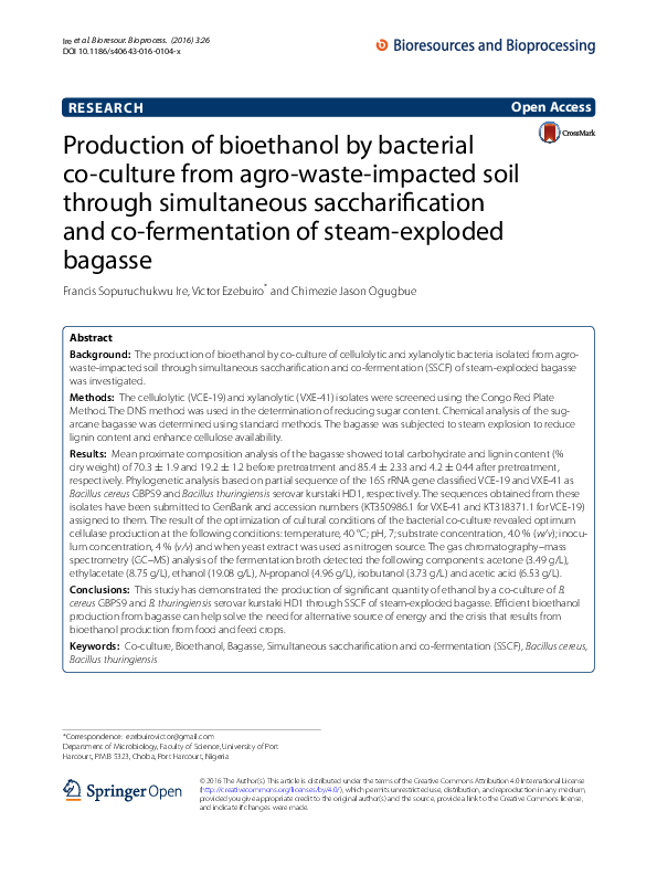 (PDF) Production of bioethanol by bacterial co-culture from agro-waste-impacted soil through ...