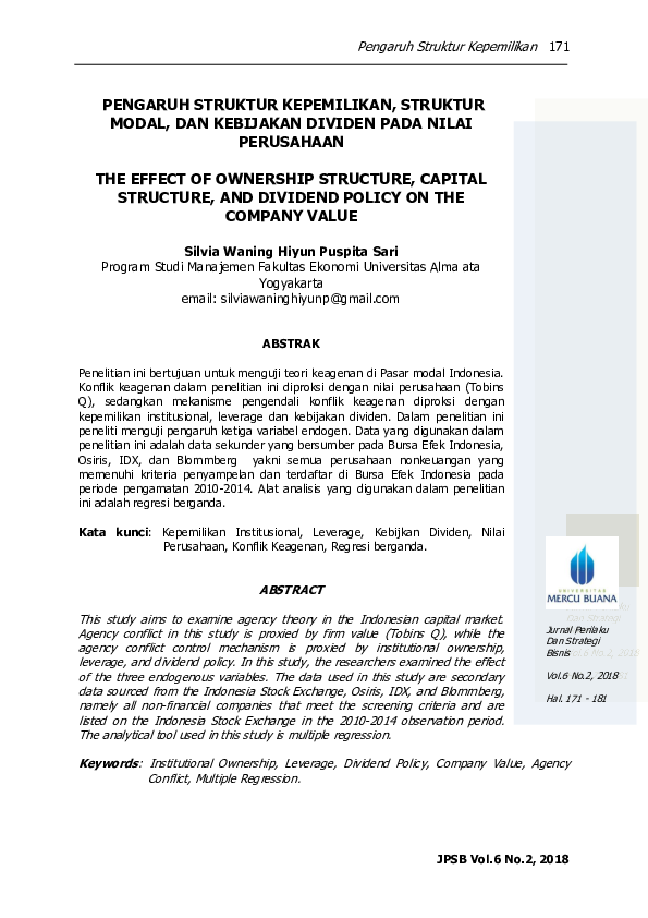 (PDF) Pengaruh Struktur Kepemilikan, Struktur Modal, Dan Kebijakan Dividen Pada Nilai Perusahaan