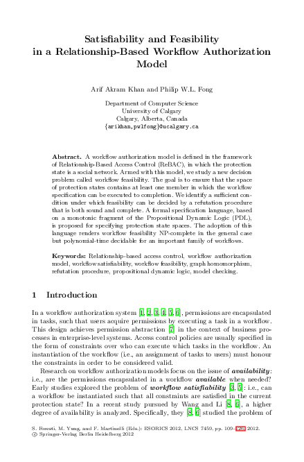 (PDF) Satisfiability and Feasibility in a Relationship-Based Workflow Authorization Model