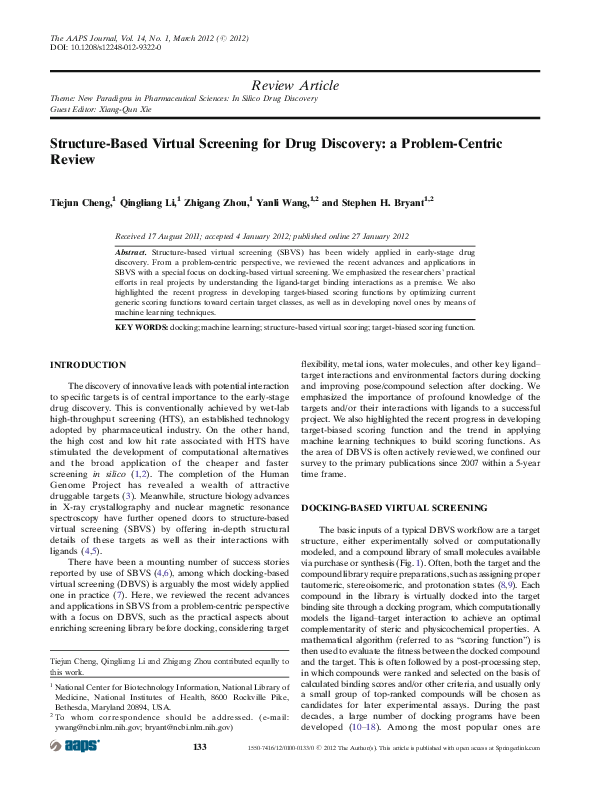 (PDF) Structure-Based Virtual Screening for Drug Discovery: a Problem-Centric Review