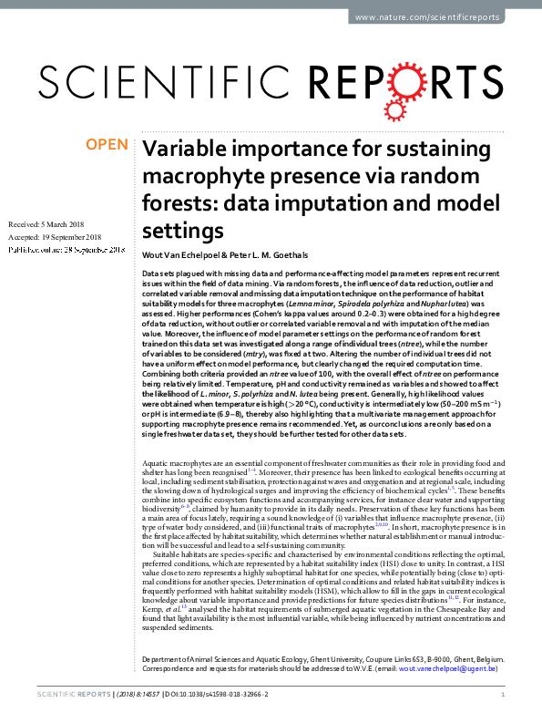Pdf Variable Importance For Sustaining Macrophyte Presence Via Random