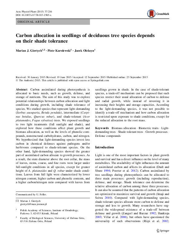 (PDF) Carbon allocation in seedlings of deciduous tree species depends ...