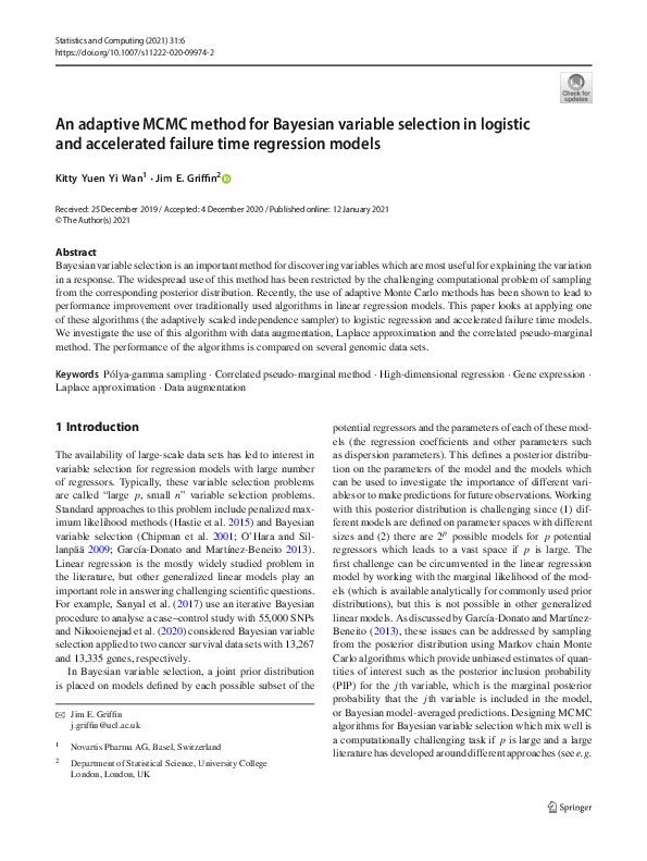 (PDF) An adaptive MCMC method for Bayesian variable selection in logistic and accelerated ...