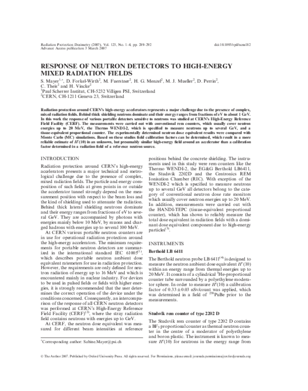 (PDF) Response of neutron detectors to high-energy mixed radiation fields