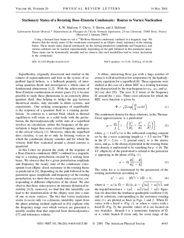 Pdf Stationary States Of A Rotating Bose Einstein Condensate Routes To Vortex Nucleation