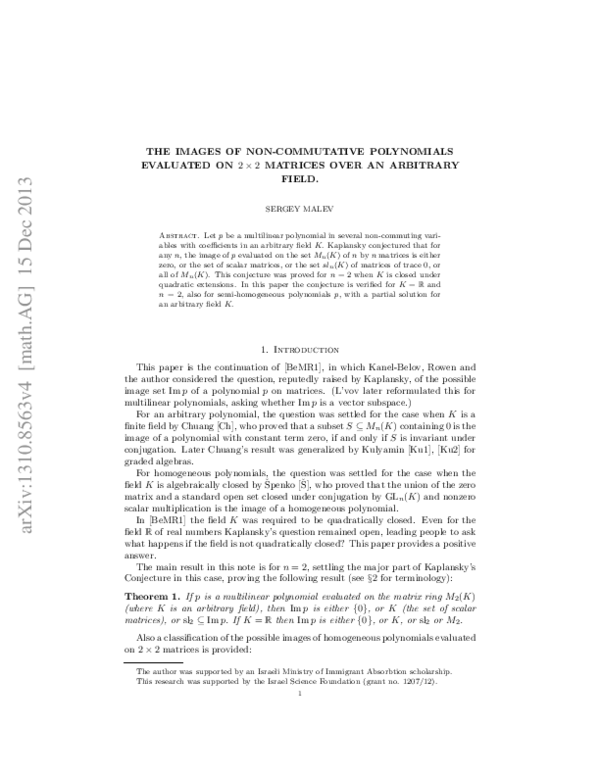 (PDF) The images of non-commutative polynomials evaluated on 2 × 2 ...
