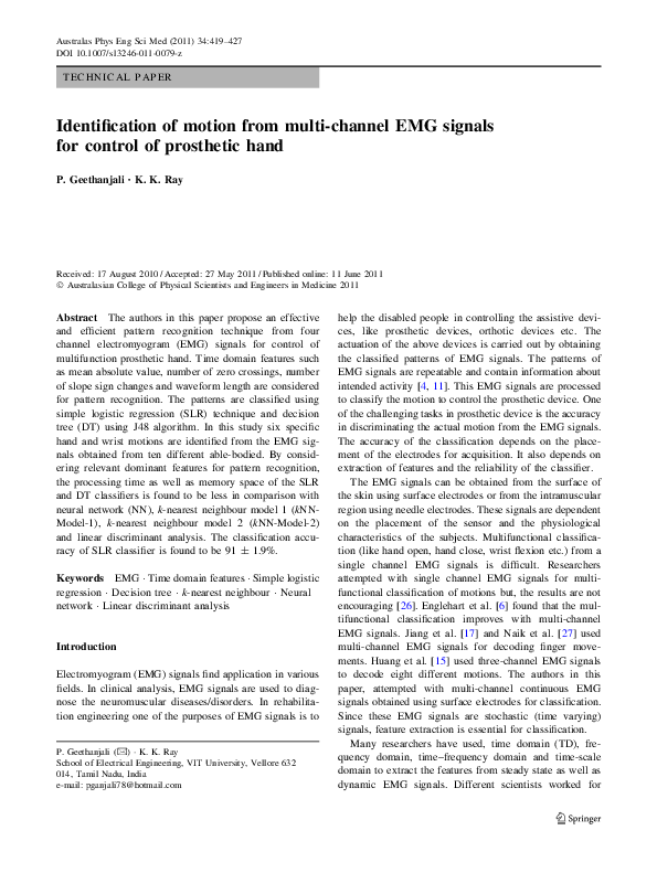 (PDF) Identification of motion from multi-channel EMG signals for ...