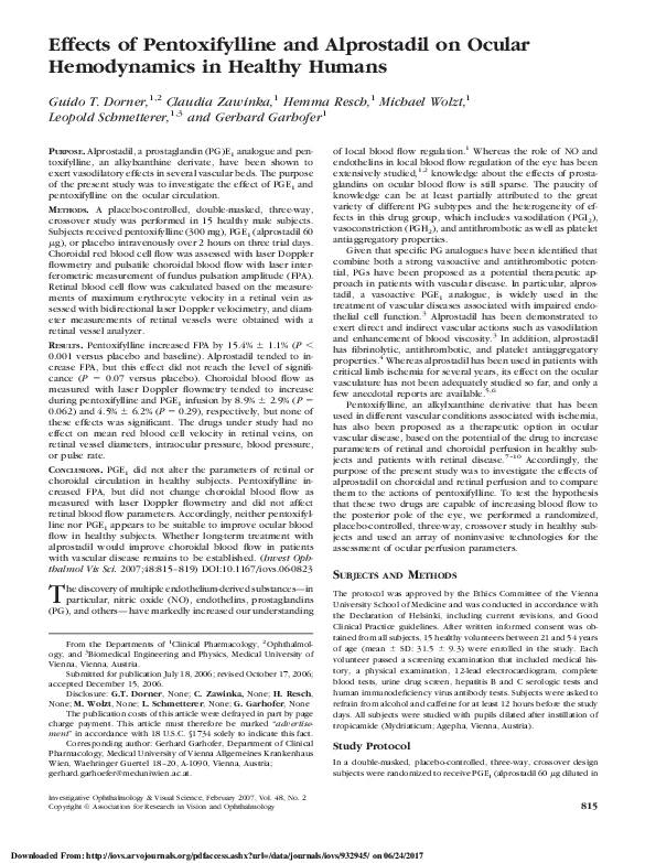 (PDF) Effects of Pentoxifylline and Alprostadil on Ocular Hemodynamics ...