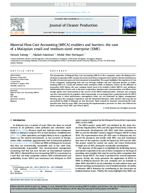 (PDF) Material Flow Cost Accounting (MFCA) enablers and barriers: the ...