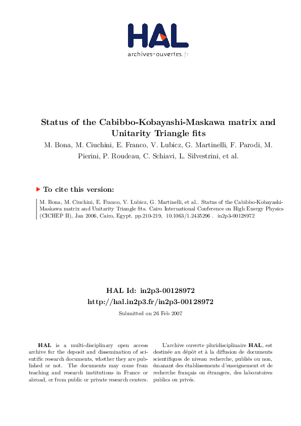 (PDF) Status of the Cabibbo-Kobayashi-Maskawa matrix and Unitarity ...