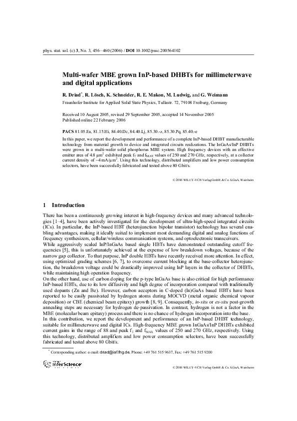 (PDF) Multi-wafer MBE grown InP-based DHBTs for millimeterwave and digital applications