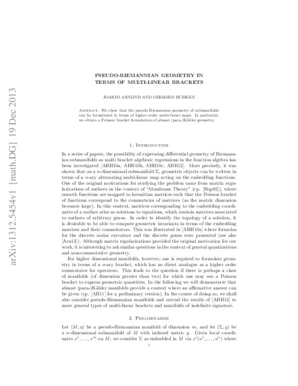 (PDF) Pseudo-Riemannian Geometry in Terms of Multi-Linear Brackets